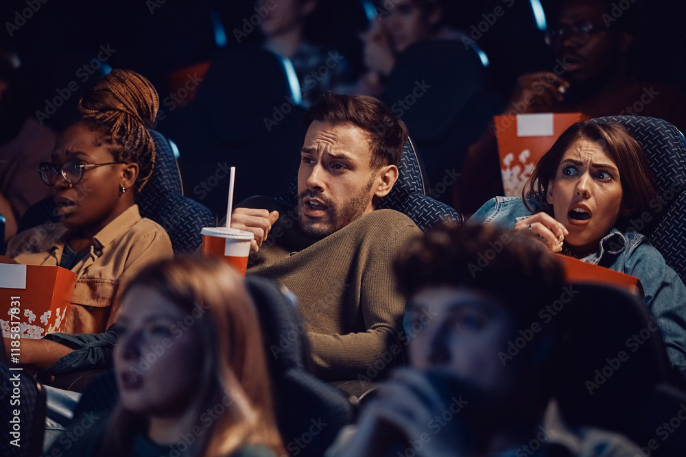 Group of friends watching scary movie at cinema. Stock Photo | Adobe Stock