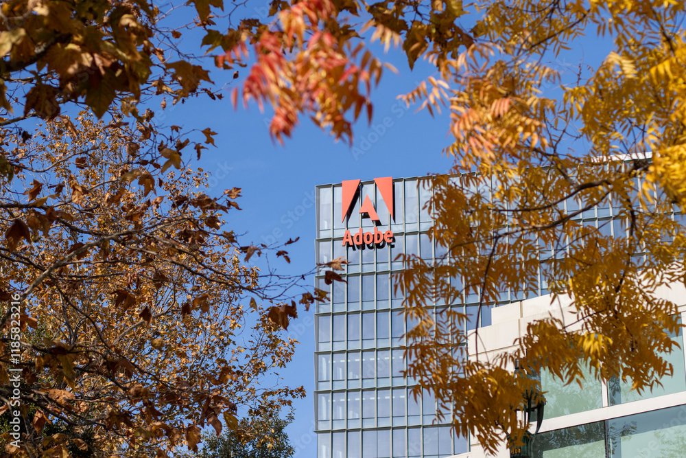 San Jose, CA, USA - Nov 28, 2024: Adobe logo is seen atop the Founders ...