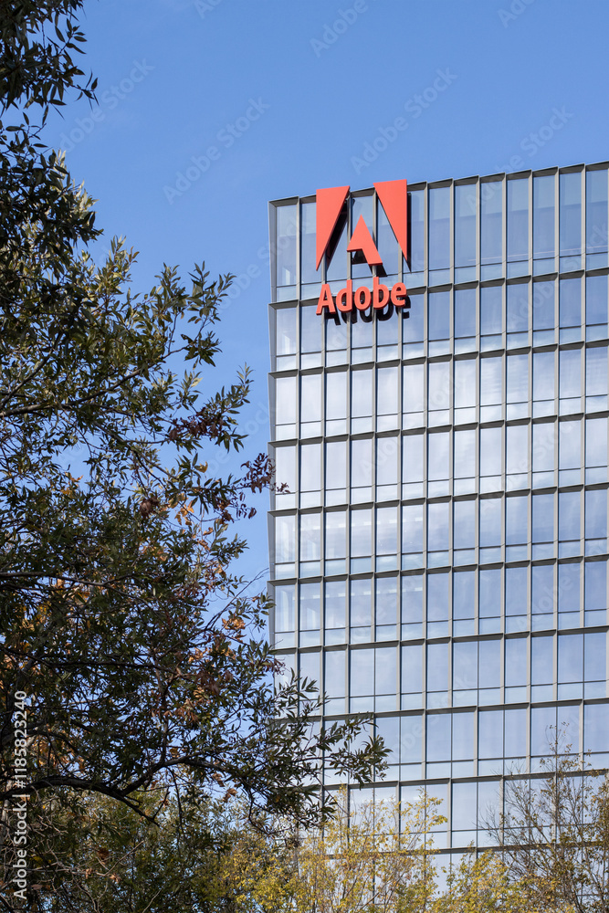 San Jose, CA, USA - Nov 28, 2024: Exterior view of Adobe's Founders Tower, a new all-electric ...