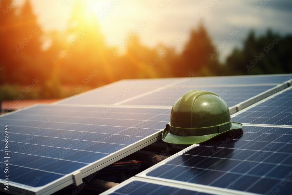 Green safety helmet placed on photovoltaic solar panel at sunset ...