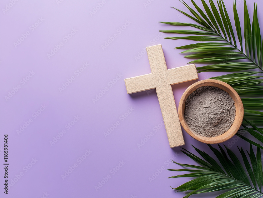 Wooden cross, palm leaf and a bowl of ash on purple background for Ash Wednesday Palm Sunday ...