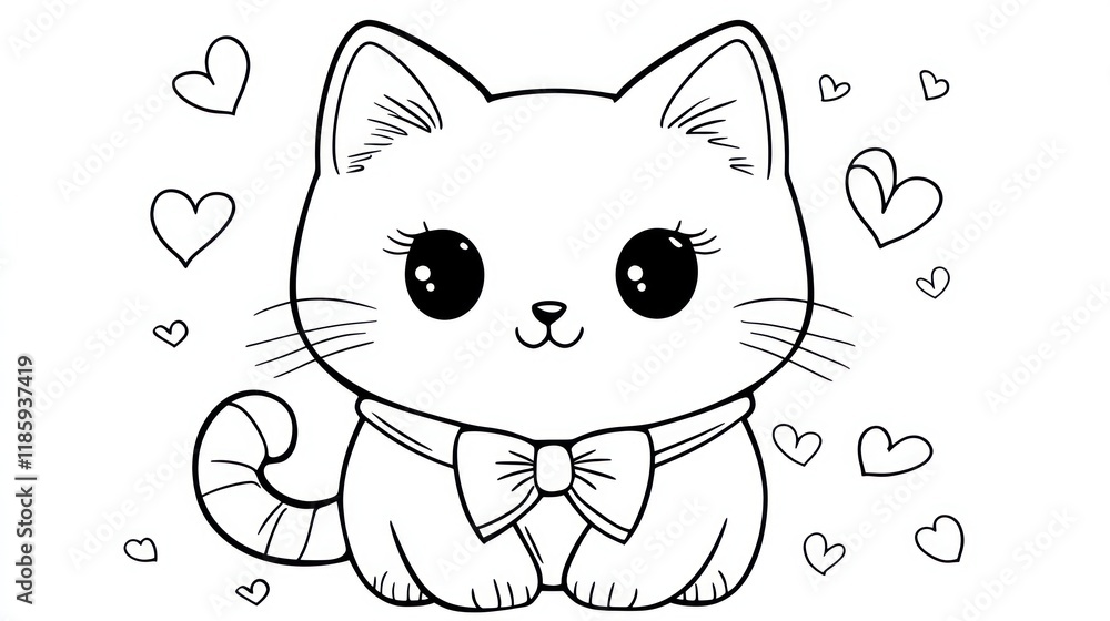 Cute cat coloring page, hearts background, Valentine's Day Stock ...