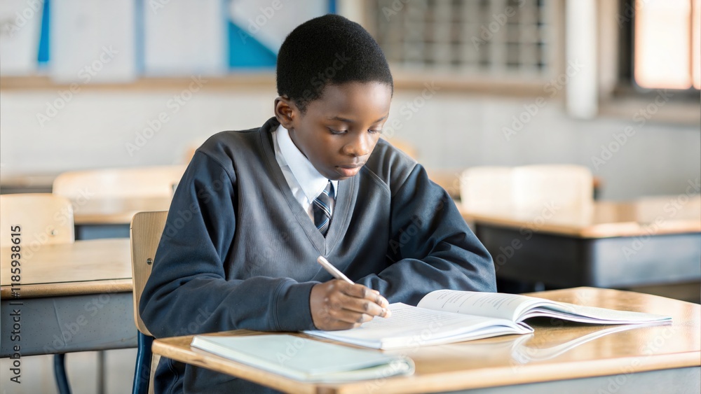 Young boy doing class work at a desk in a classroom in South Africa ...