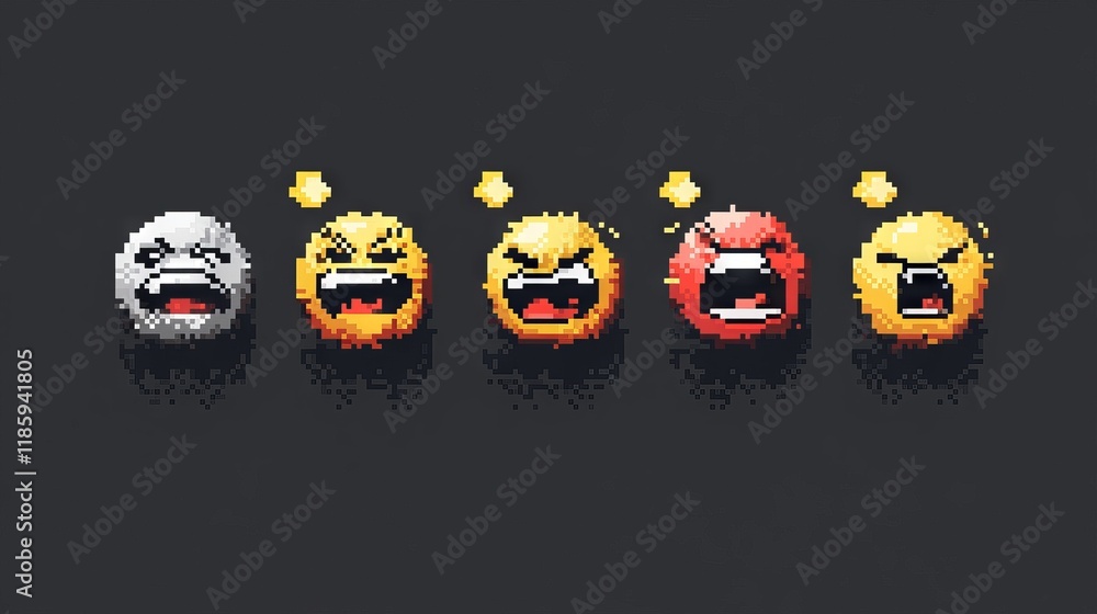 Horizontal strip of five pixel art emoji reactions, mimicking social ...