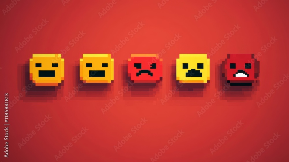 Horizontal strip of five pixel art emoji reactions, mimicking social ...