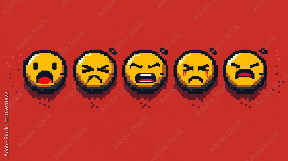 Horizontal strip of five pixel art emoji reactions, mimicking social ...