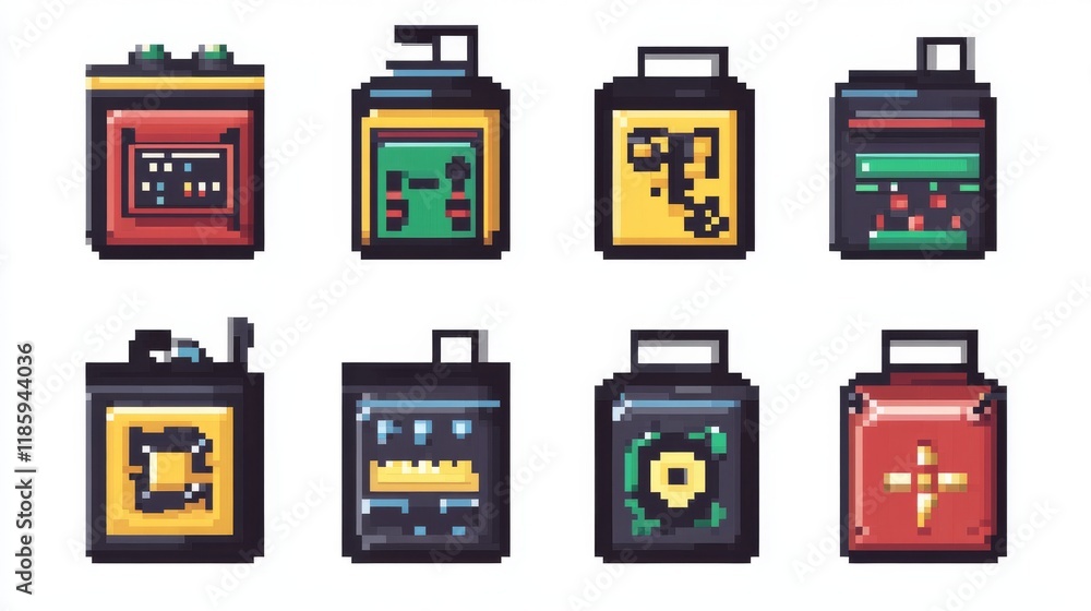 Pixel graphic battery symbols, vintage gaming aesthetic, sharp geometric icons, color-coded ...