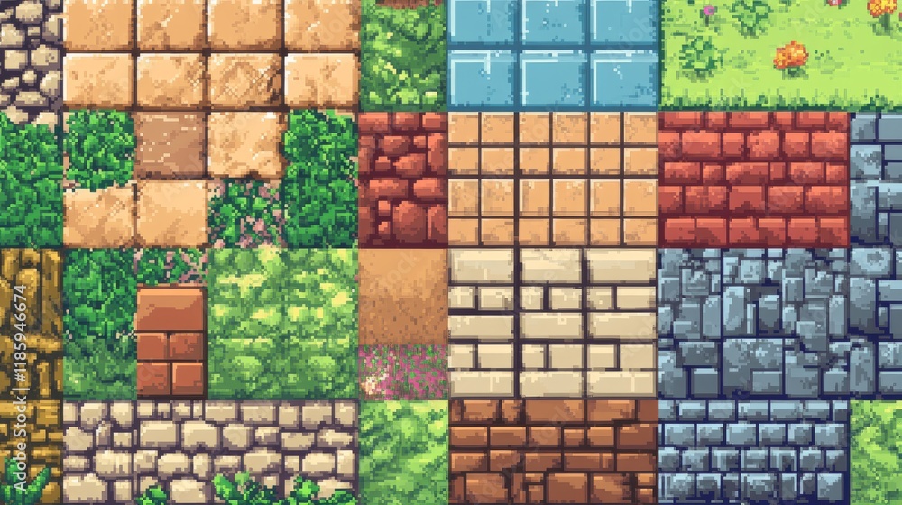 Platformer game tile set in pixel art style, seamless texture blocks ...