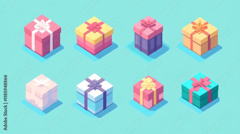 pixel art present boxes, colorful gift collection, retro gaming style ...