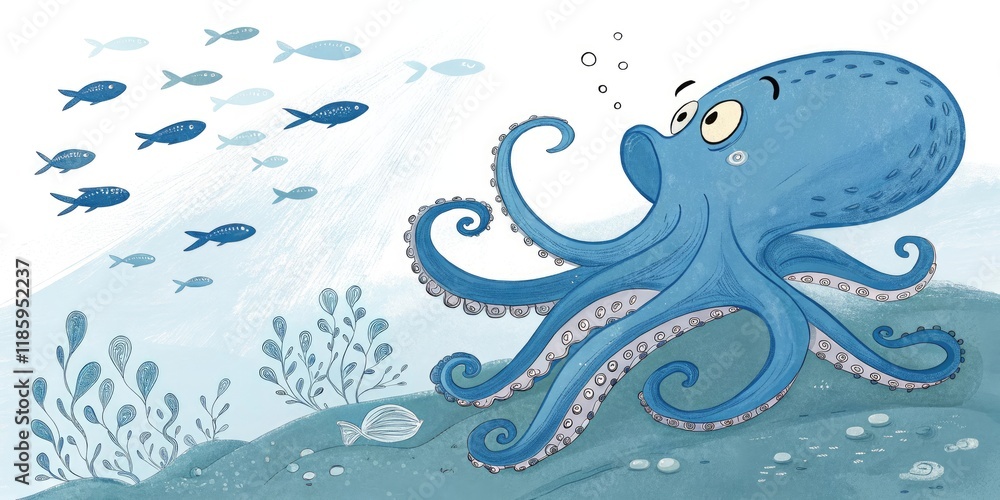 A giant blue octopus lying on its side with its tentacles stretched out ...