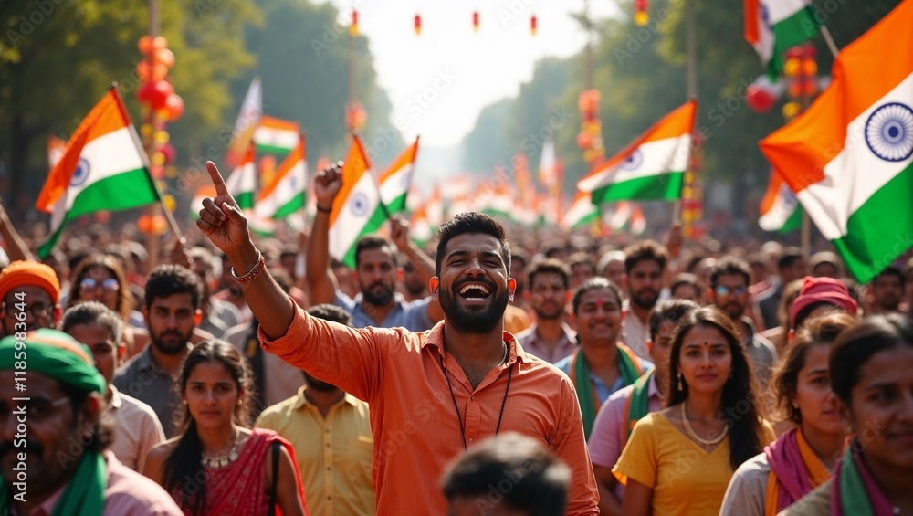 Cheerful Indian man celebrating in a crowd with flags during a festival ...