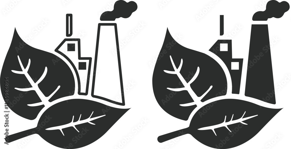 Two of environmental pollution logos. Factory and big pipe with CO2 ...