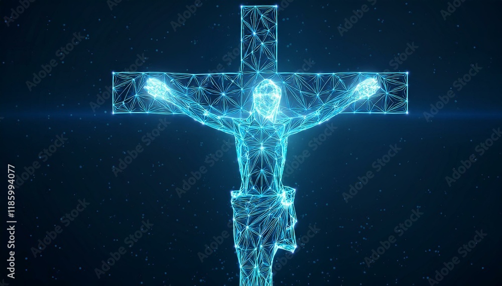 x ray image of a cross. glowing blue cross. Crucifixion Of Jesus Christ. Low polygon, particle ...