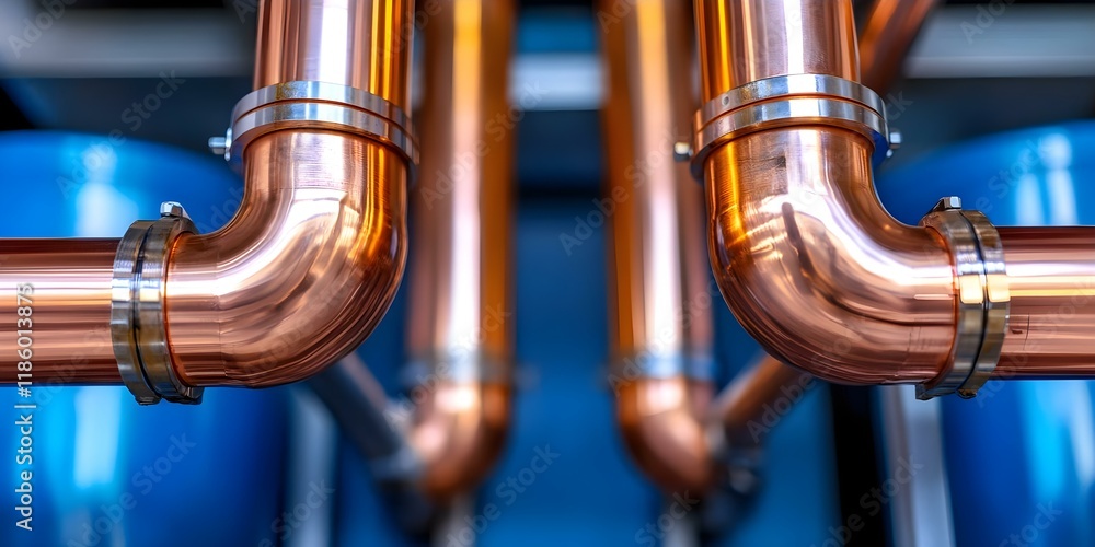 Close-up of copper pipes and fittings, highlighting their curves and ...
