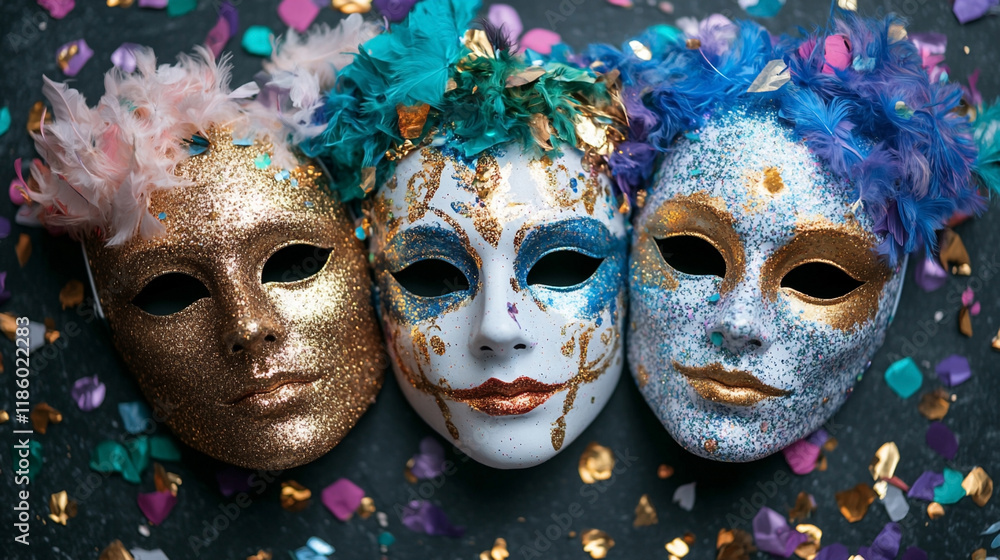 Three masquerade masks with glitter and feathers. Carnival concept ...