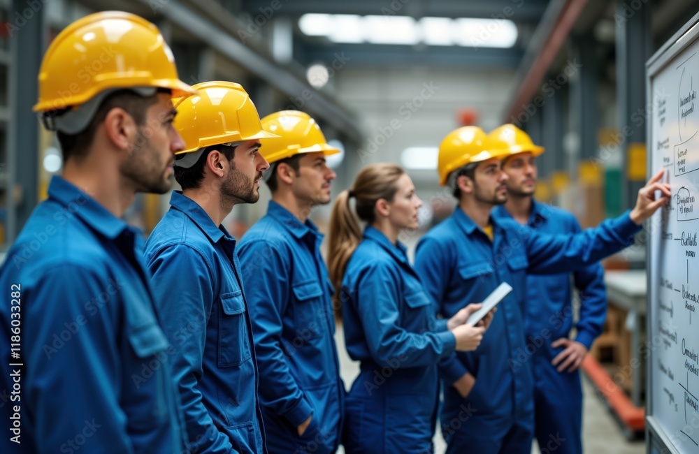 Male, female factory workers gathered in meeting room. Wearing safety ...