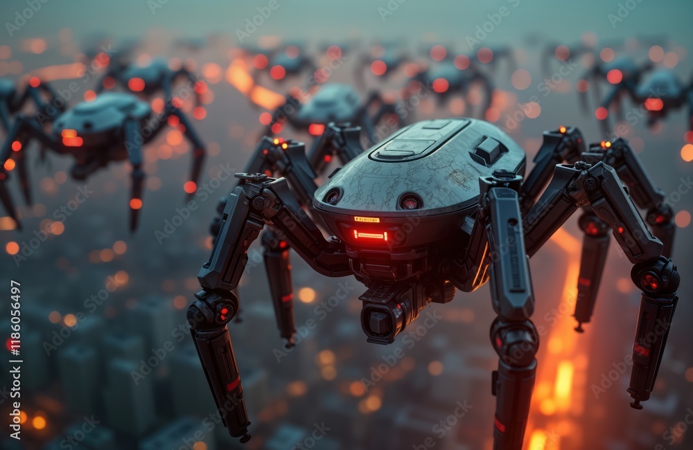 Futuristic spider robots swarm city night. Security drones fly over ...