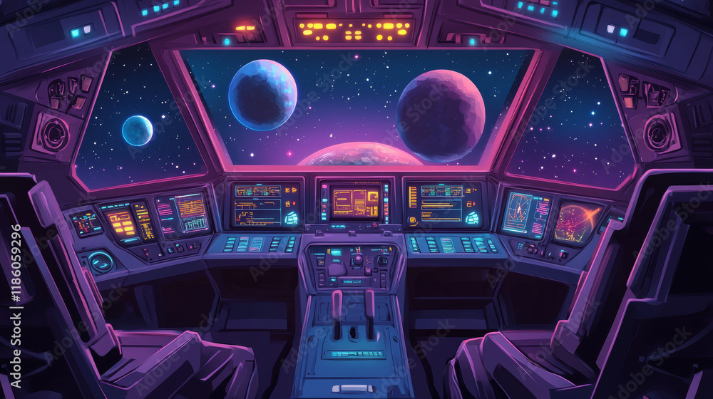 Spaceship cockpit interior. Vector cartoon illustration of space shuttle cabin flight in night ...