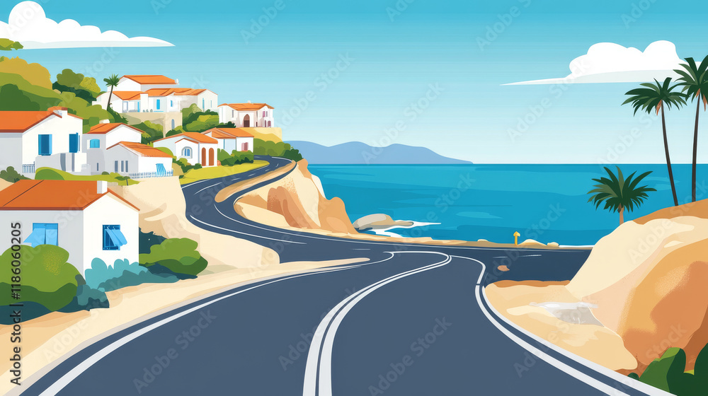 Summer road trip cartoon posters. Highway going into the distance at ...