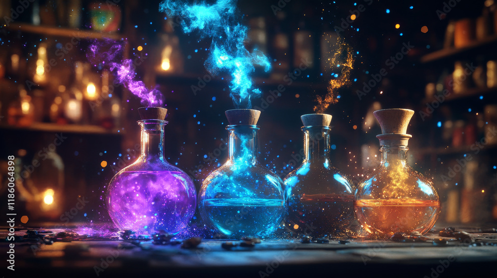 Magic potion bottle animation with spill vector. Fantasy witch glass ...