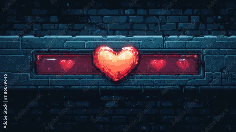 Retro gaming health bar, pixelated heart containers, 8-bit ruby red ...