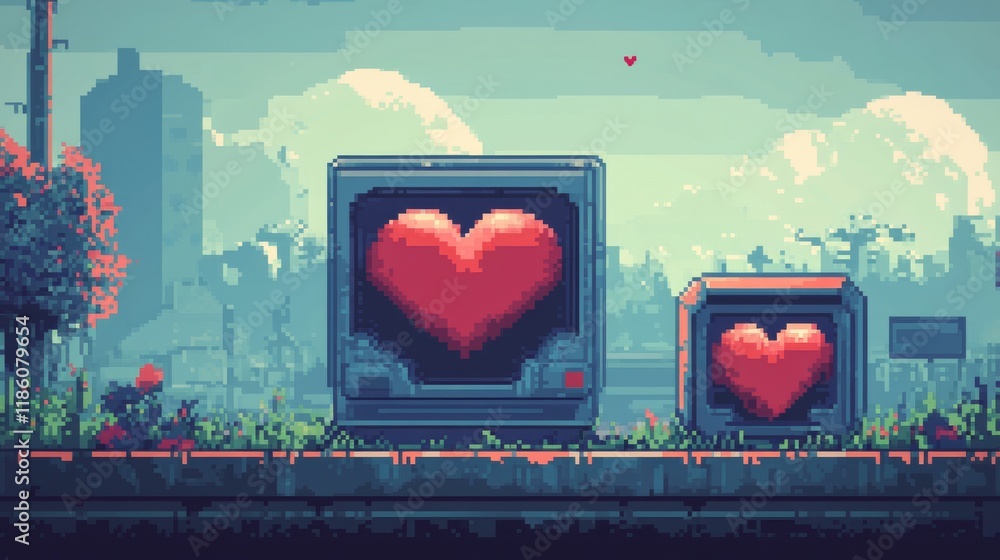 Retro gaming health bar, pixelated heart containers, 8-bit ruby red ...