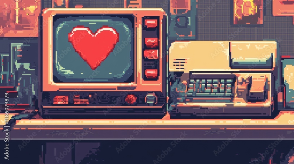 Vintage gaming life system, pixelated red hearts, 8-bit health display ...