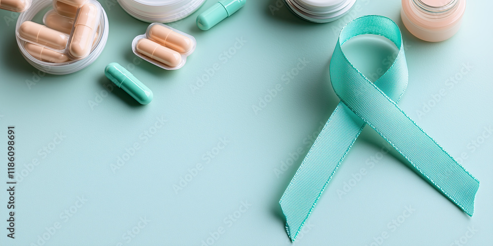 Teal awareness ribbon symbolizes ovarian cancer support with capsules ...