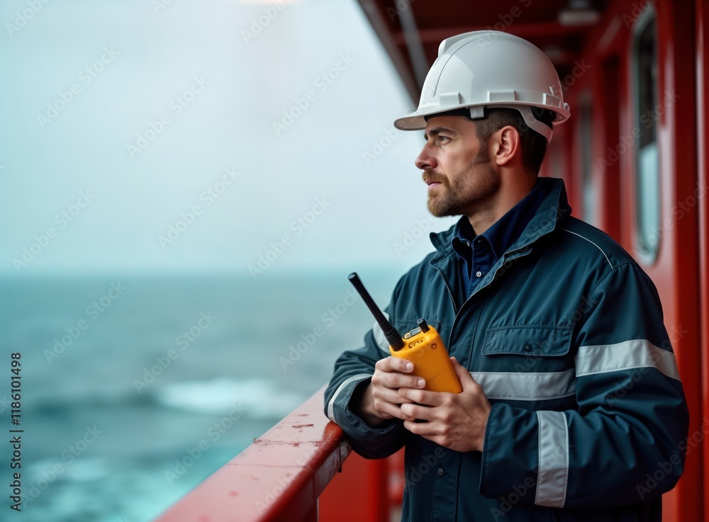 Male deck officer stands on offshore vessel deck, ocean view, wearing ...