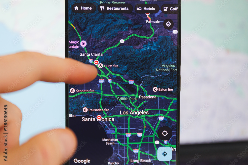 Greater Los Angeles wildfires. Google map display with the locations of ...