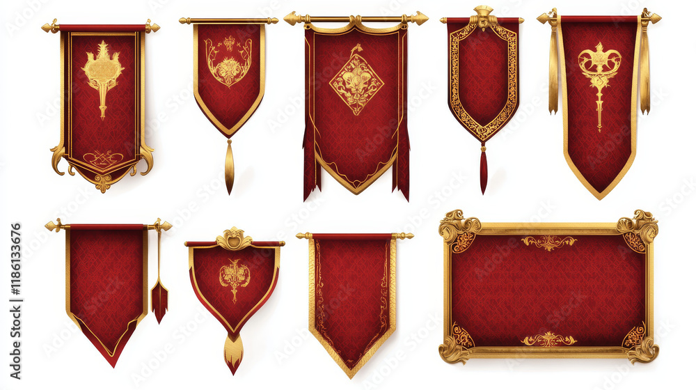 Medieval red flags, hanging royal banners with gold border. Blank cloth ...