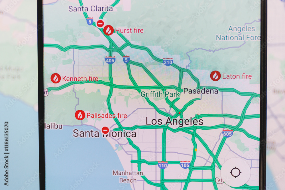 Greater Los Angeles wildfires. Google map display with the locations of ...