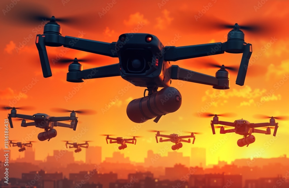 Unmanned commercial drones carry air bombs in battlefield. Swarm of ...
