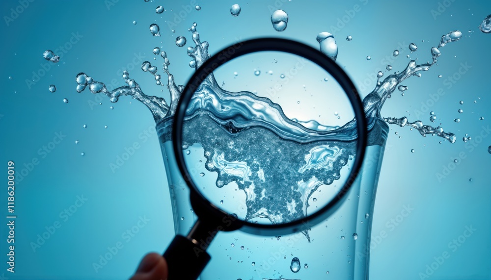 Water splash examined under magnifying glass. Detailed analysis of ...