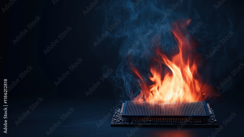 Flames Erupt from Circuit Board Representing Technology, Innovation ...