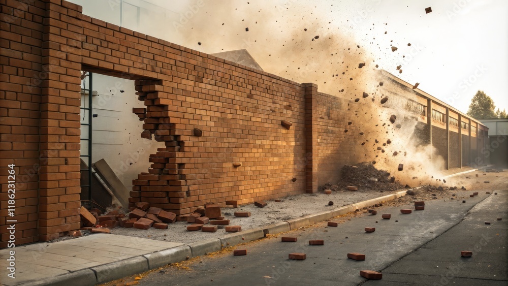 Demolition Scene Brick Wall Collapse, Dust Cloud, Debris Field, Action ...
