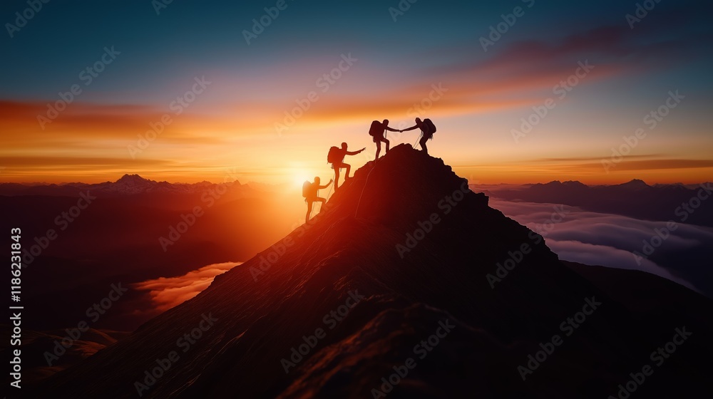 Team of climbers helping each other reach the mountain summit at ...