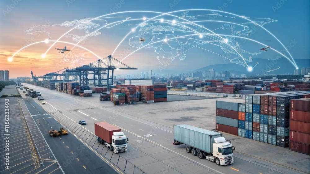 Global Logistics Network Aerial View of Container Port and ...