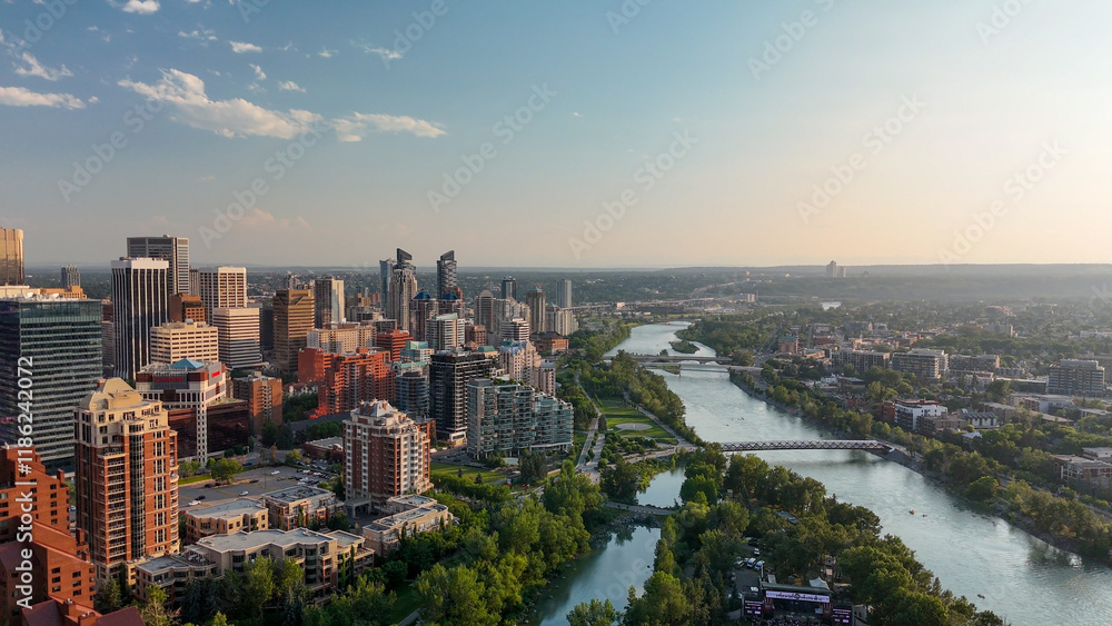 Calgary, Alberta - July 10, 2024: Aerial view of Calgary skyline on a ...