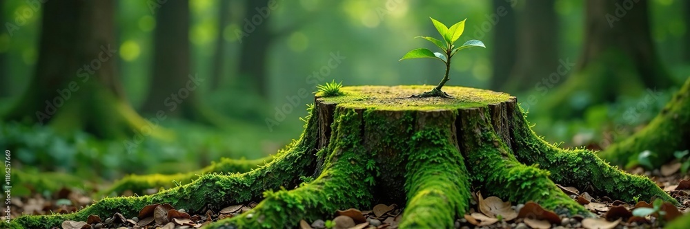 Moss-covered tree stump with a lone creeper vine, vines, plant, nature ...
