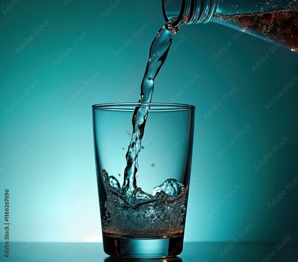 Clear water pours from bottle into glass. Refreshing drink. Healthy beverage. Pure water ...
