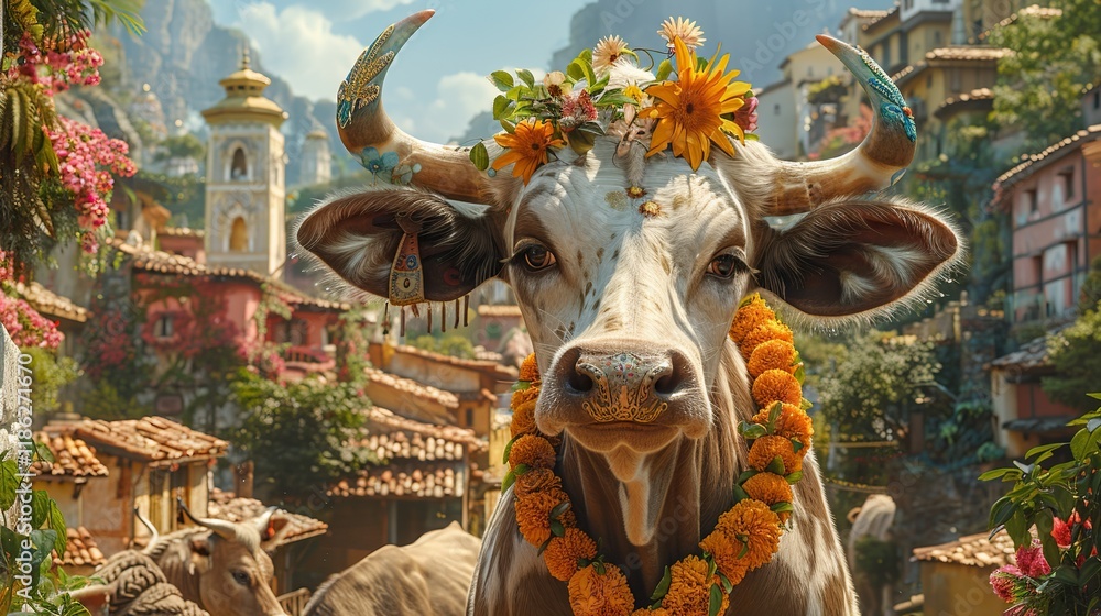 Indian cow Traditional south Indian Village Pongal festival Scene with ...