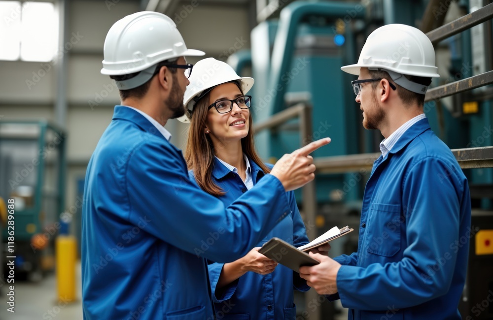Pro team in warehouse factory. Engineers discuss quality control, stand ...