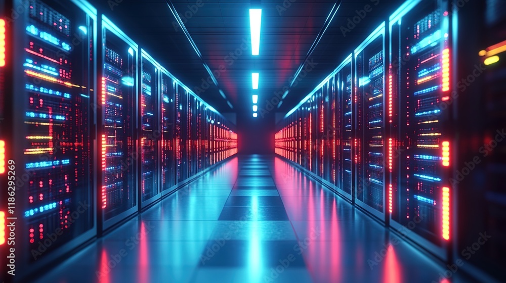 High-tech data center with rows of powerful server machines, a ...
