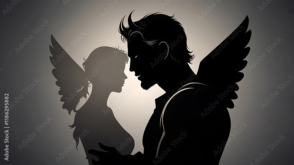 Silhouette of couple devil man and angel woman, concept of love of ...