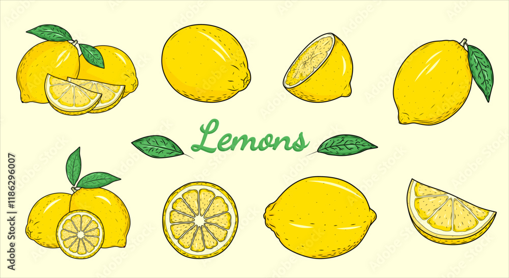 Hand Drawn Lemon Sketch Collection: Whole Fruits, Slices, and Leaves Isolated on White ...