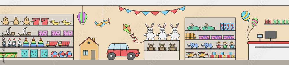 Toy shop graphic color interior long sketch illustration vector Stock ...