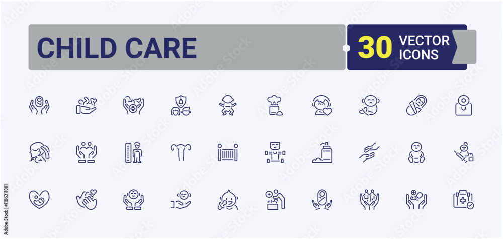 Child Care linear icon collection. Contains such icons as childhood ...