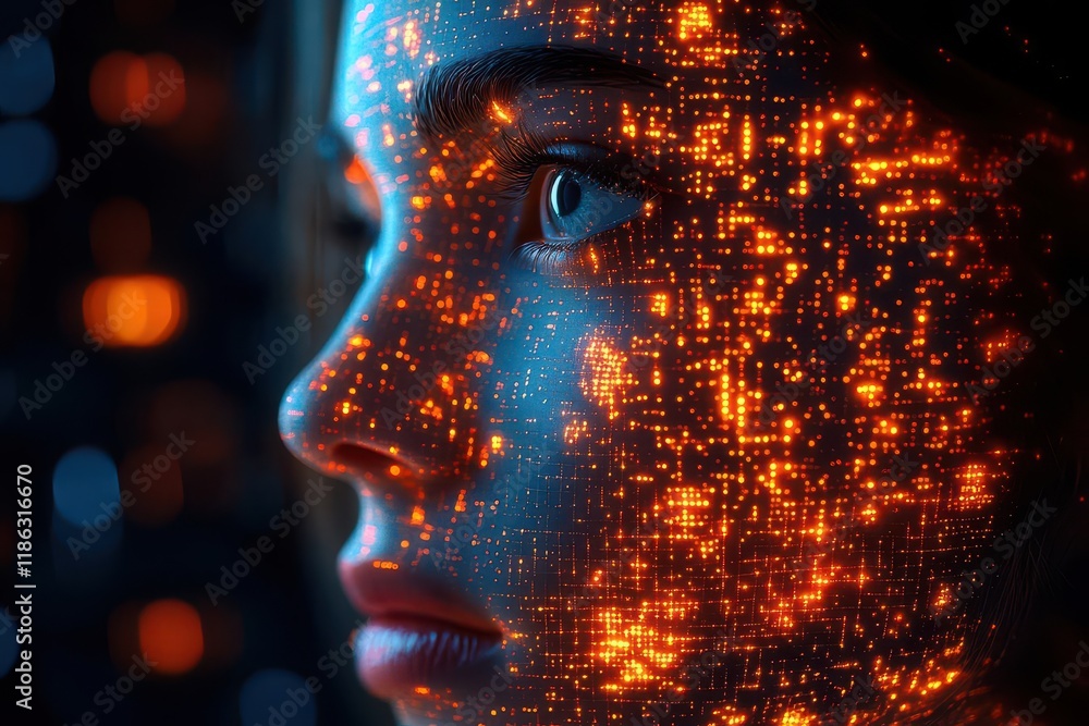 cybersecurity protection concept with digital face matrix and binary ...