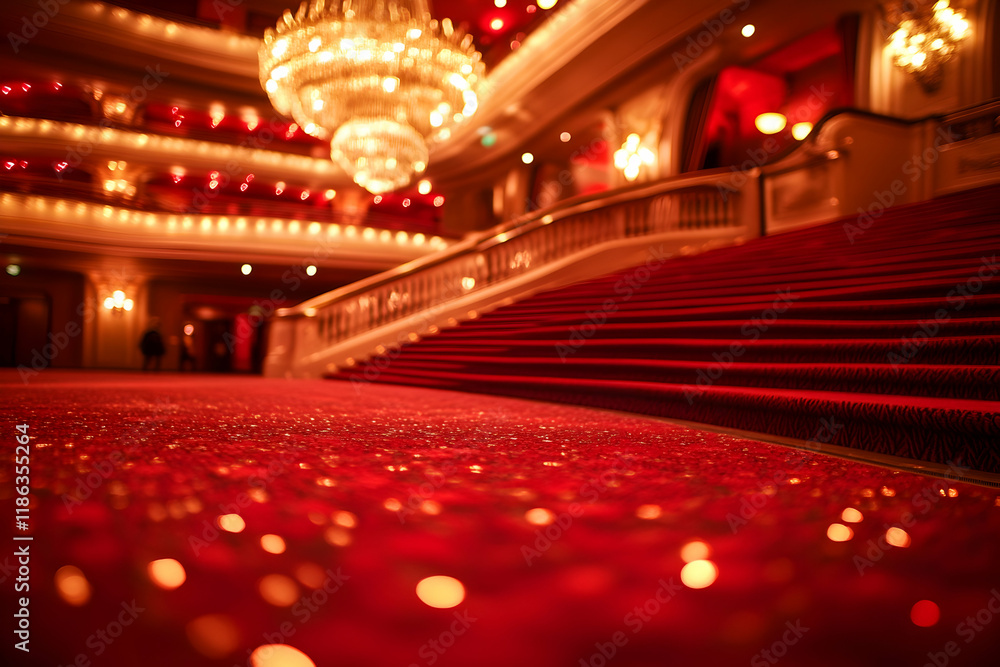 Bright ruby red shimmer with sparkling bokeh in a grand theater foyer ...